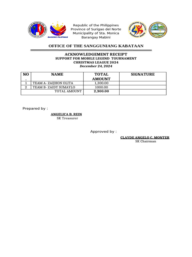 Acknowledgment Receipt for Mobile Legends Tournament | PDF