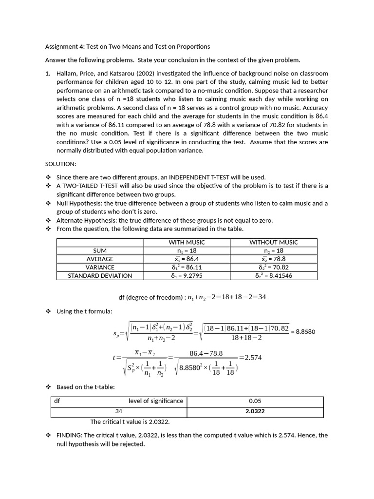ASSIGN 4 - T-Test | PDF | Student's T Test | Statistical Significance