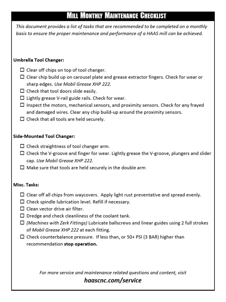 Mill Maintenance Checklist (Monthly) | PDF