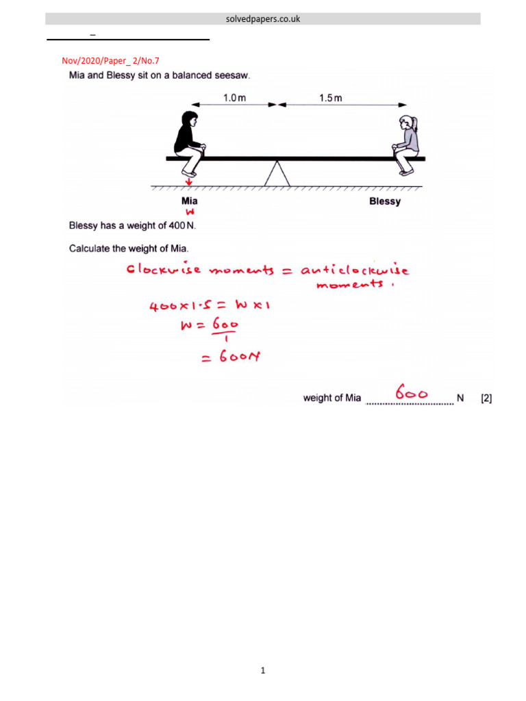 Moments - Checkpoint Sec 1 Physics 1.: Nov/2020/Paper - 2/no.7 | PDF