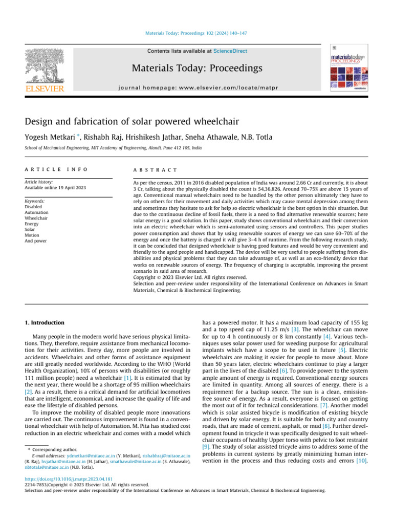 Design and Fabrication of Solar Powered Wheel - 2024 - Materials Today ...
