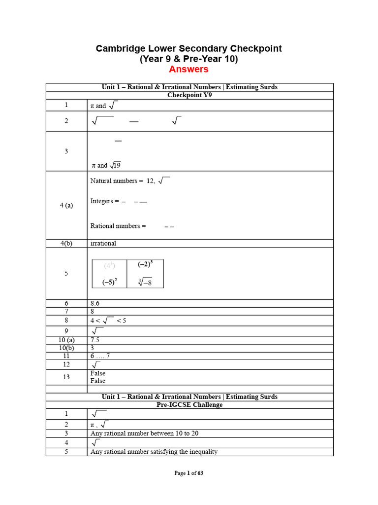 Year 9 Math Checkpoint Answers | PDF | Angle | Mathematics