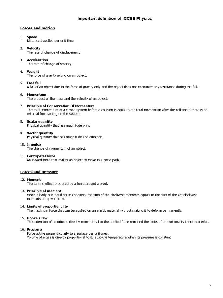 Important Definitions IGCSE Physics 2024 (Short-Listed) | PDF | Force | Momentum
