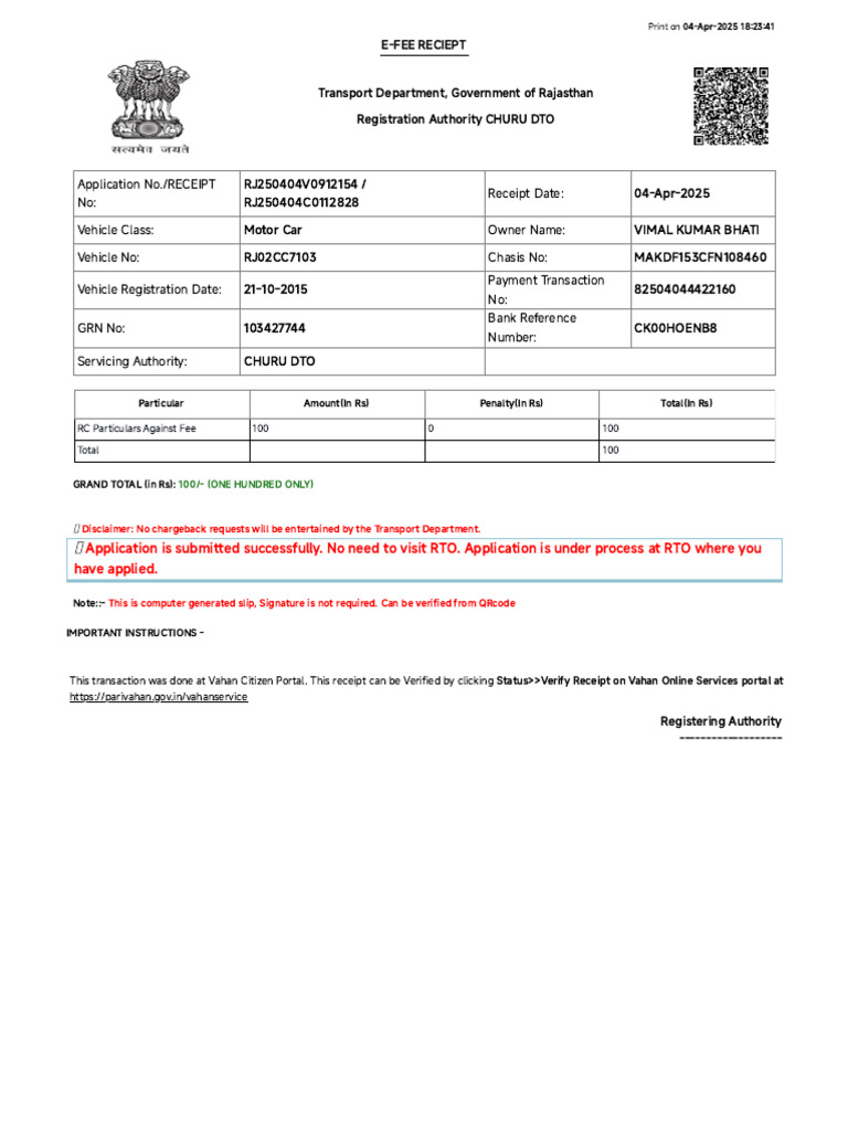 VAHAN 4.0 (Citizen Services) Onlineapp01 135 8000 | PDF | Receipt ...