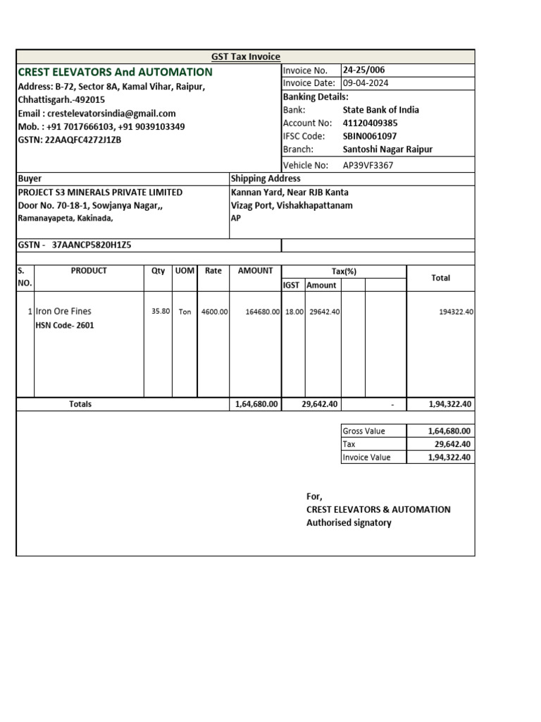 GST Invoice for Iron Ore Fines | PDF