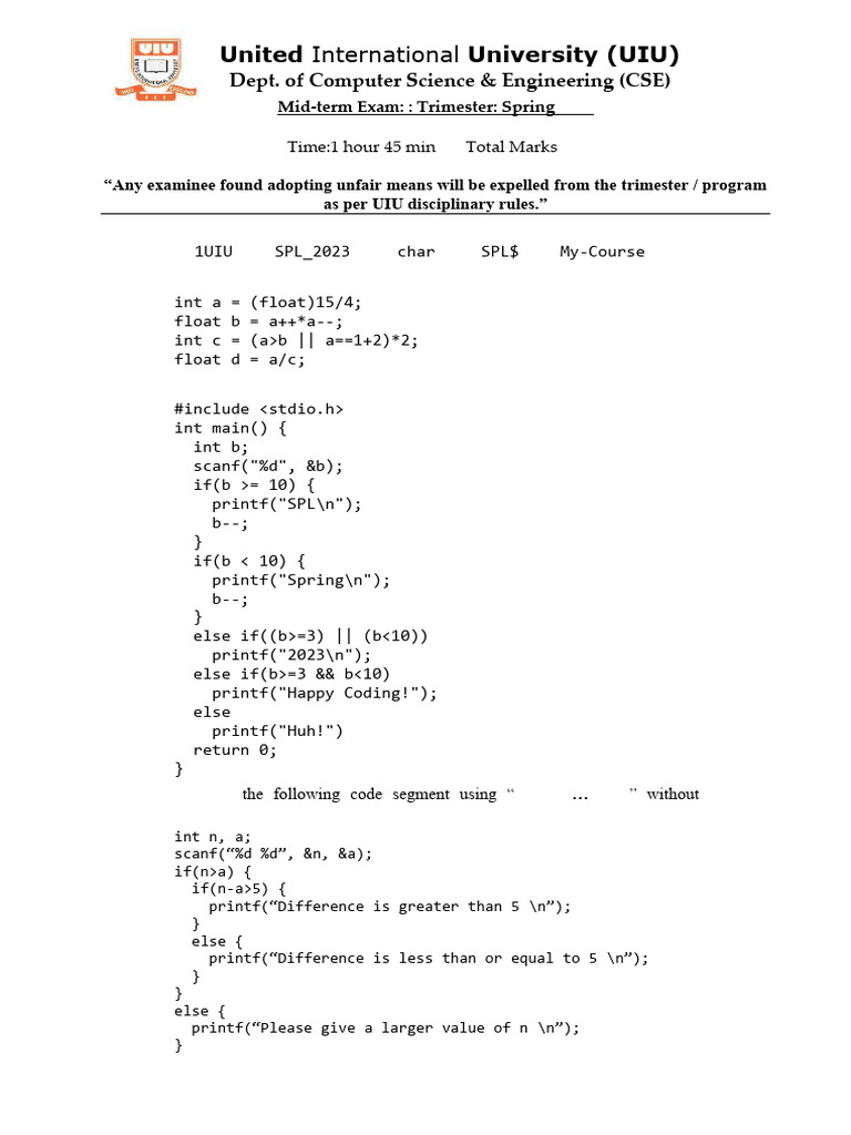 Mid_Term_Question_231_CSE1111_A_MdMH (1) | PDF | Software Development | Computer Engineering