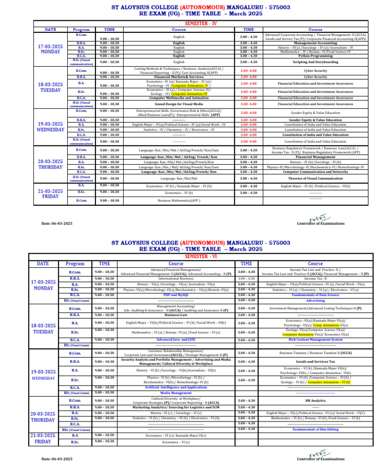 IV & VI Semester - RE EXAM Time Table - March 2025 (Autonomous) | PDF ...