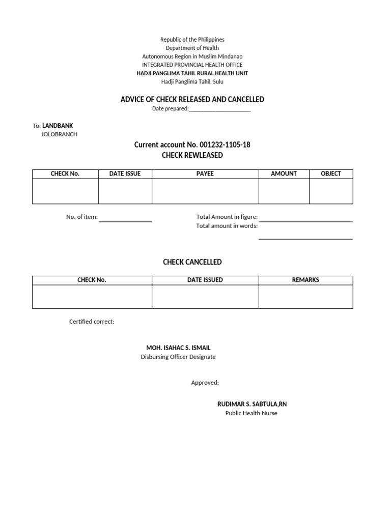 Advice of Check Released and Cancelled | PDF