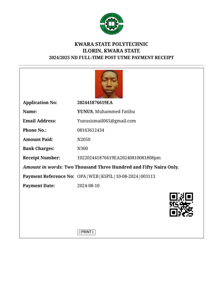 Yunus Fatiu Payment Printout | PDF