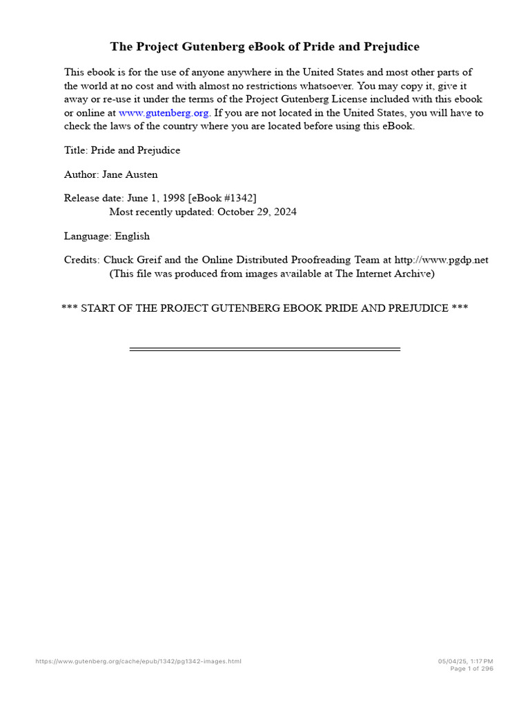 The Project Gutenberg Ebook of Pride and Prejudice, by Jane Austen ...