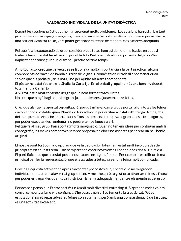 Valoració Individual de La Unitat Didactica | PDF