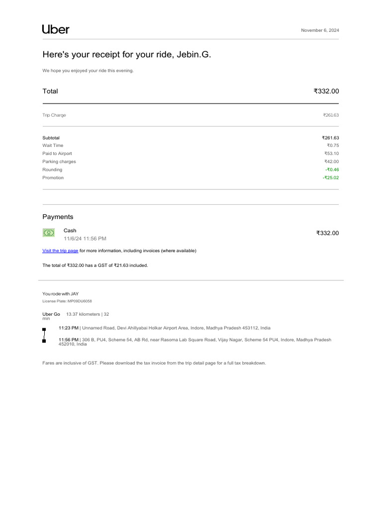 Uber Ride Receipt for Jebin G. | PDF