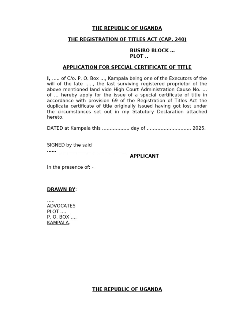 Application For Special Certificate of Title | PDF | Probate | Common Law