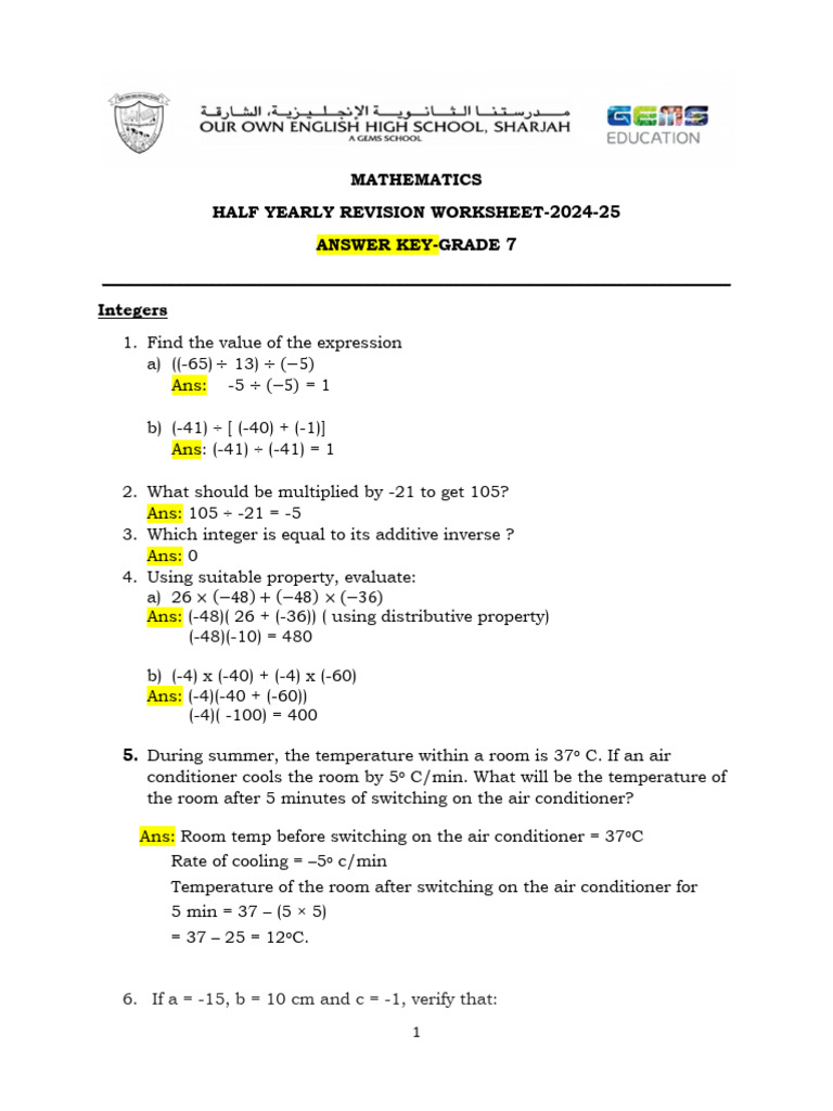Grade 7 - Answer Key-Revision Worksheet-Half Yearly-Gr 72024-25 | PDF ...
