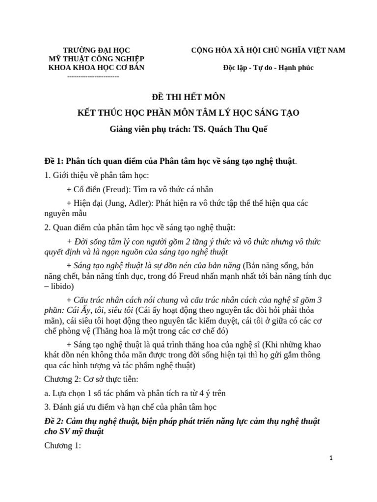 ĐỀ THI HỌC PHẦN TLH SÁNG TAO | PDF