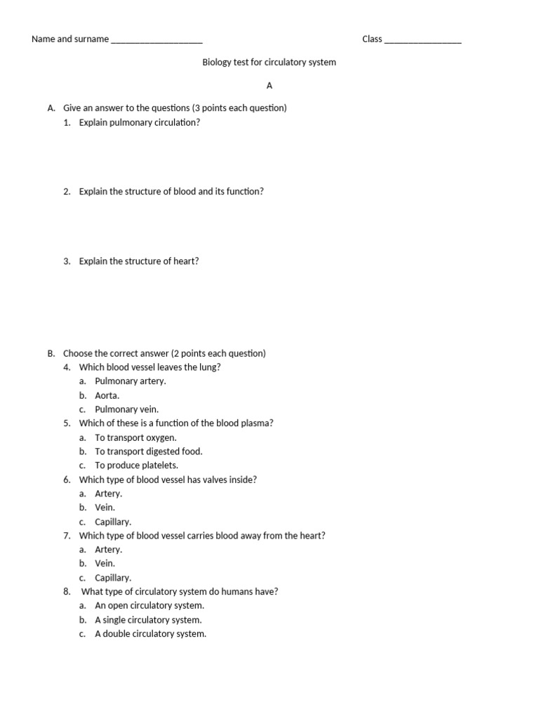 Circulatory System Test A | PDF | Circulatory System | Atrium (Heart)