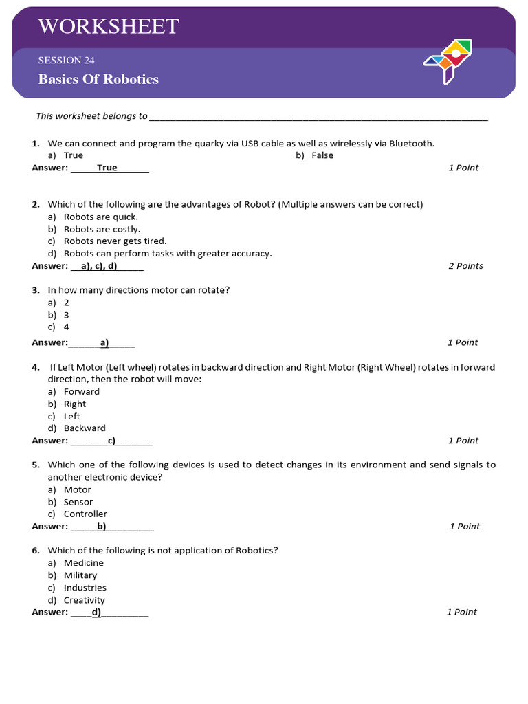 Basics of Robotics Worksheet Answers | PDF