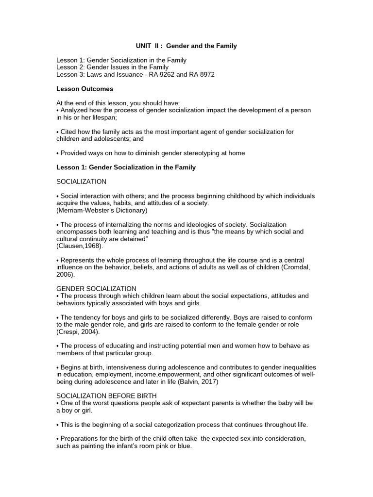 UNIT-II.-GENDER-AND-THE-FAMILYdocx | PDF | Socialization | Gender