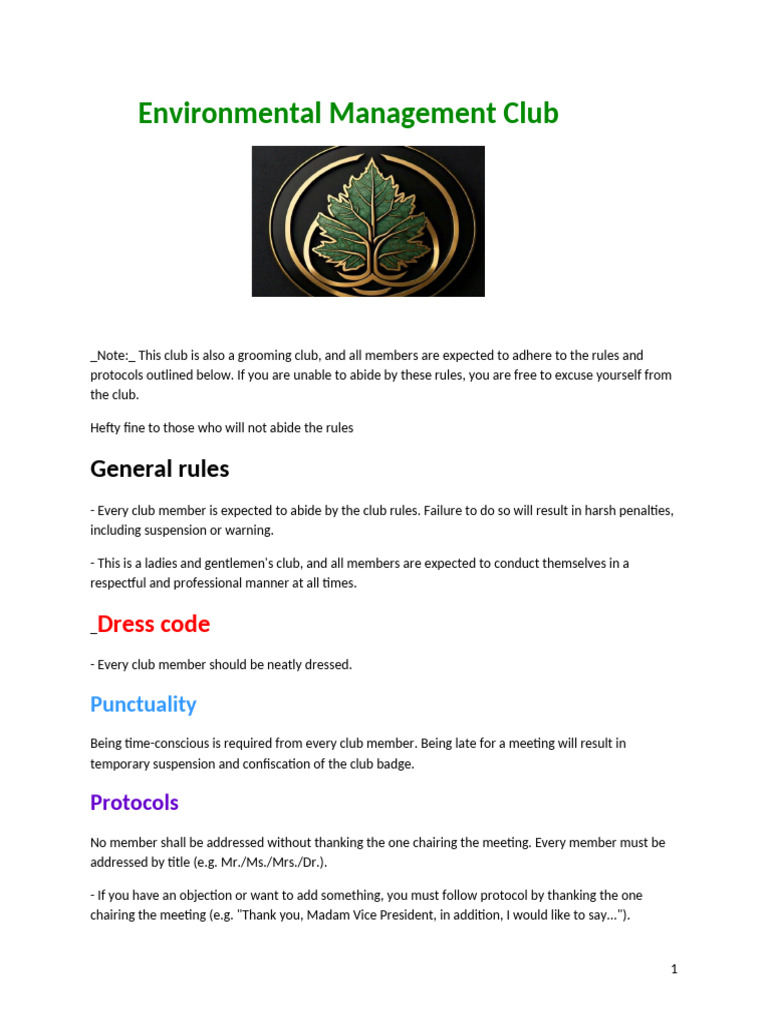 Environmental Management Club Code of Conduct | PDF