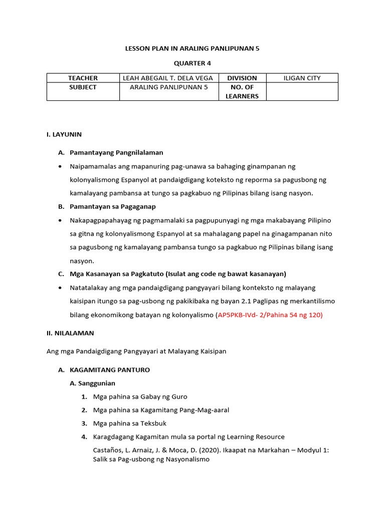 Lesson Plan in Araling Panlipunan 5 | PDF