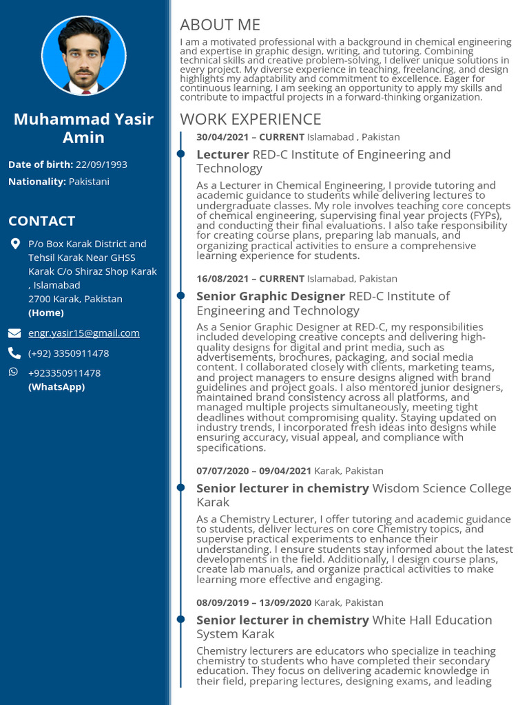 Muhammad Yasir Amin (CV - 2025) | PDF | Mentorship | Lecturer