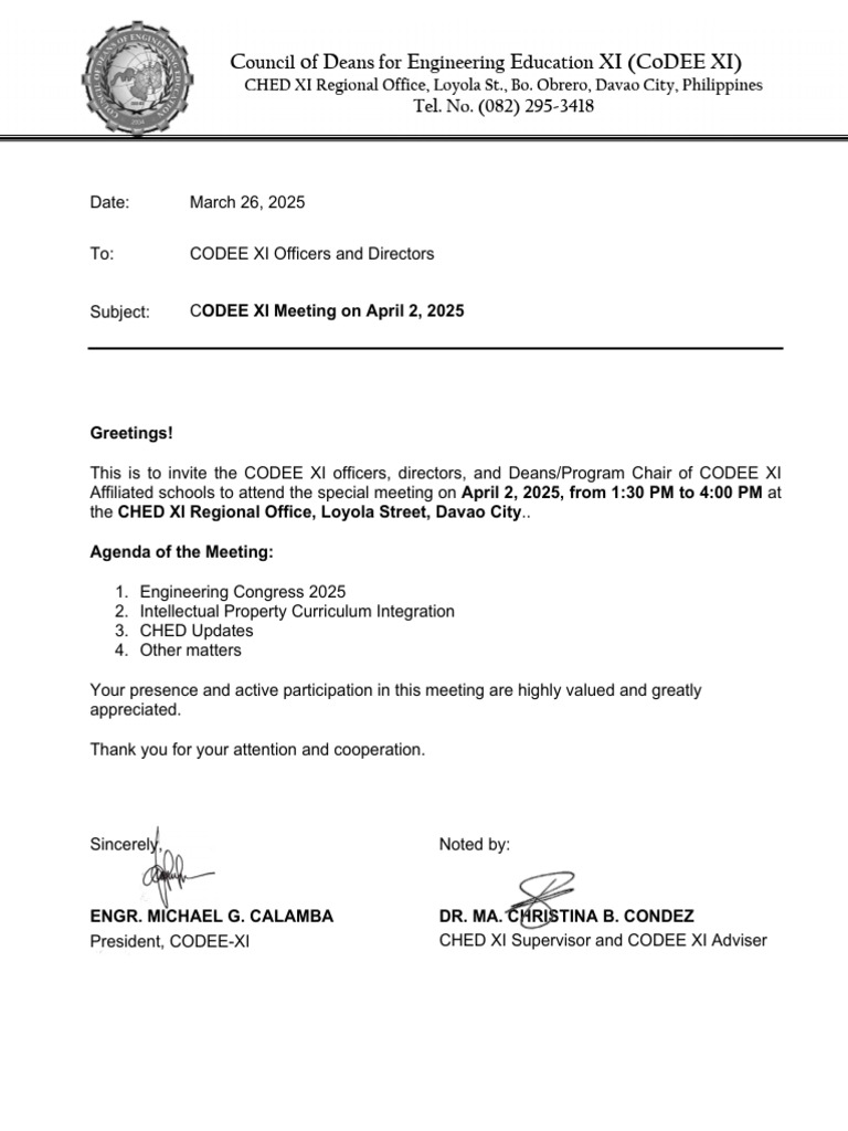 Invitation Letter For CODEE XI Special Meeting On April 2 | PDF