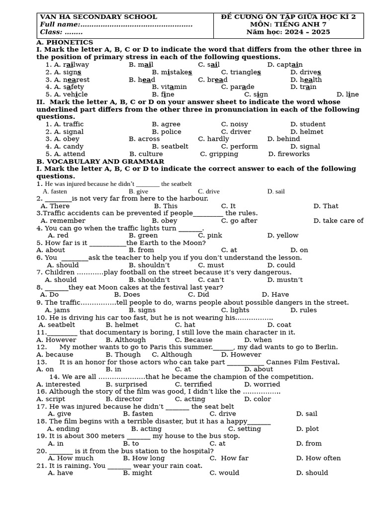 Đề Cương Ôn Tập Ghk 2 - Anh 7 (Vh24-25) | PDF | Harry Potter