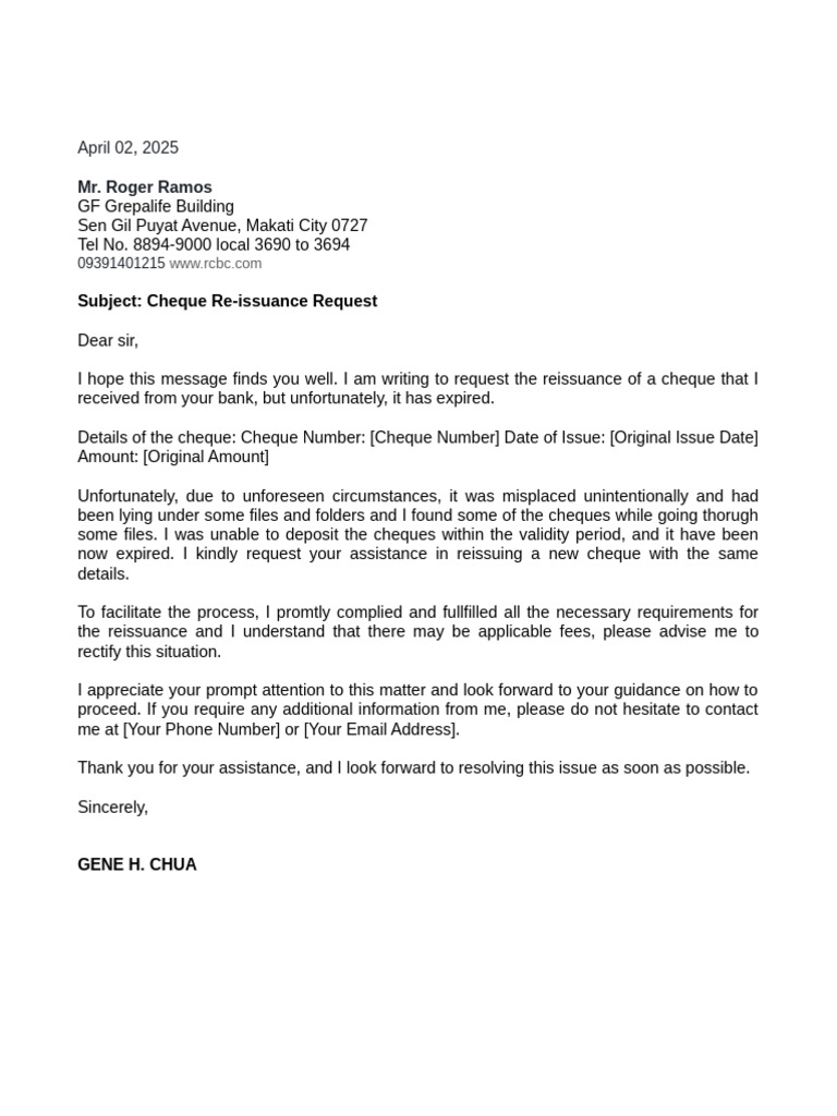 Cheque Re-Issuance Request | PDF