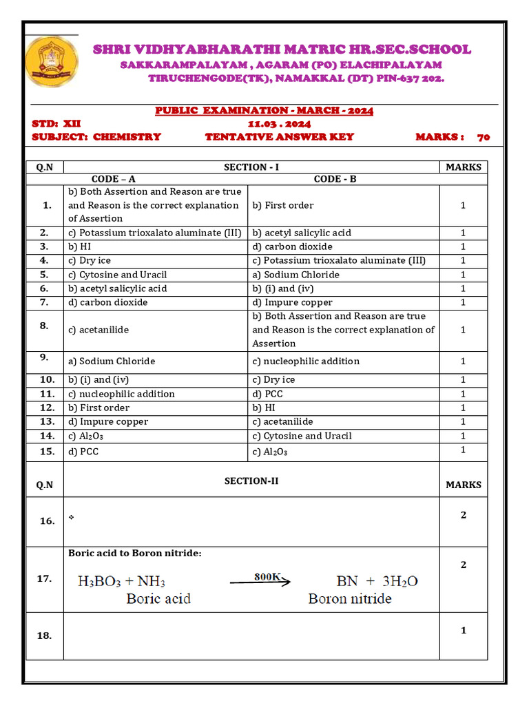 Chemistry Exam Answer Key March 2024 | PDF | Salt (Chemistry ...