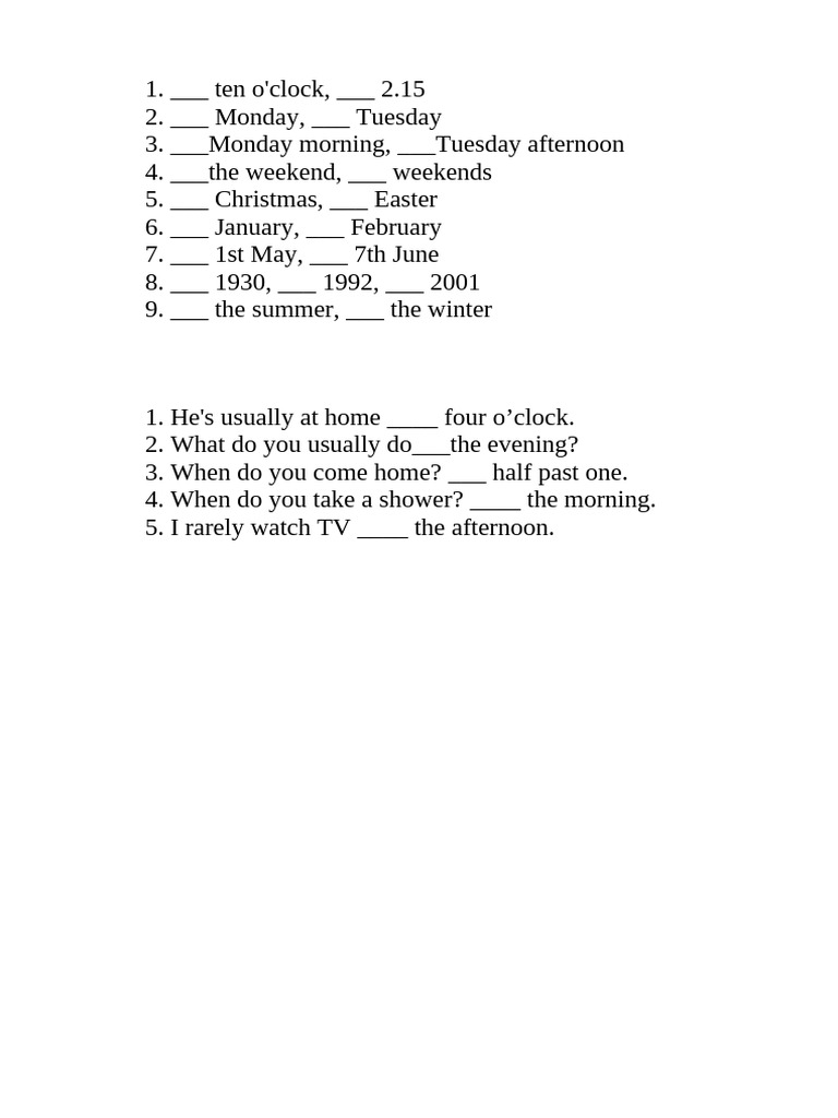 Prepositions of Time | PDF