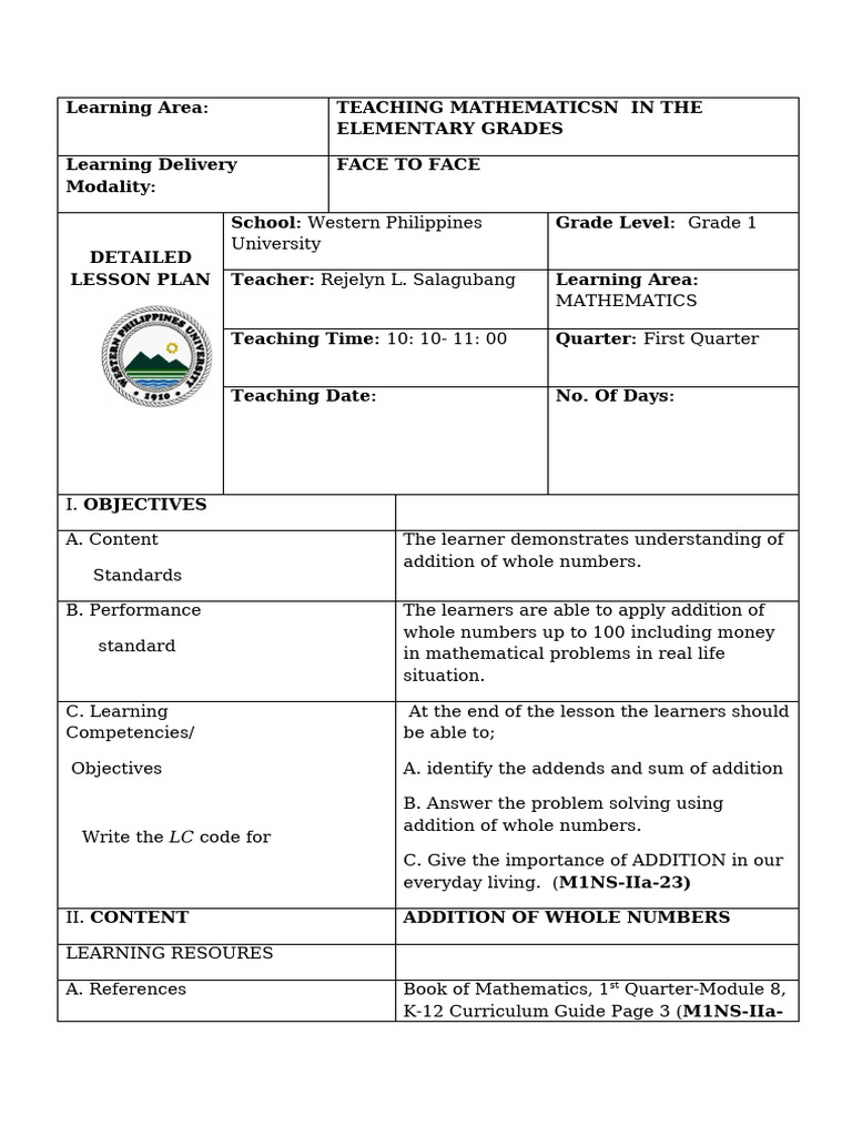 Rej Lesson Plan. ADDTION | PDF | Learning | Lesson Plan