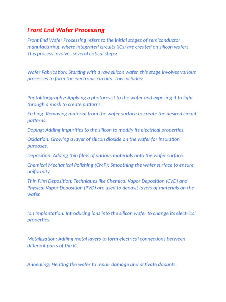 Front End Wafer Processing | PDF | Semiconductor Device Fabrication ...