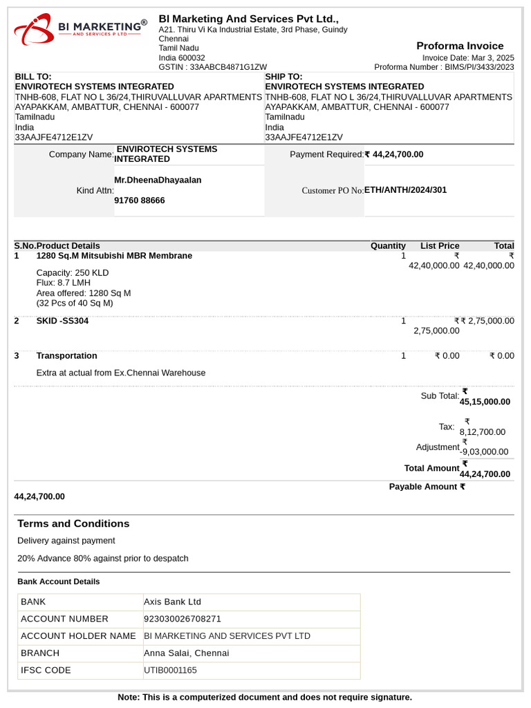 INV 1280 SQ.M Mitsubishi MBR Membrane With SKID - Envirotech 1 | PDF