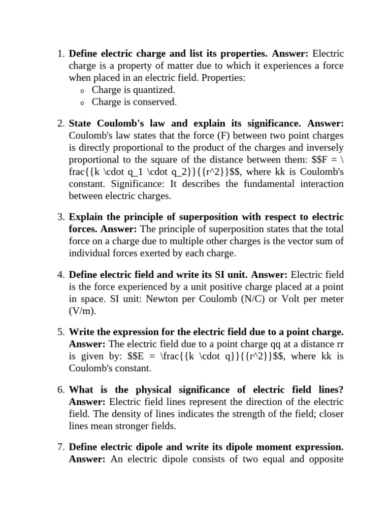 class 12 chapter 1 Physics important 2 marks questions | PDF | Electric ...