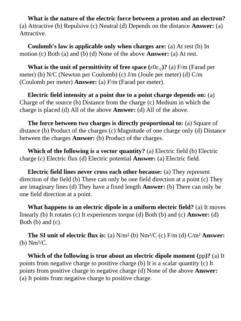 Class 12 Physics Chapter 1 MCQs | PDF