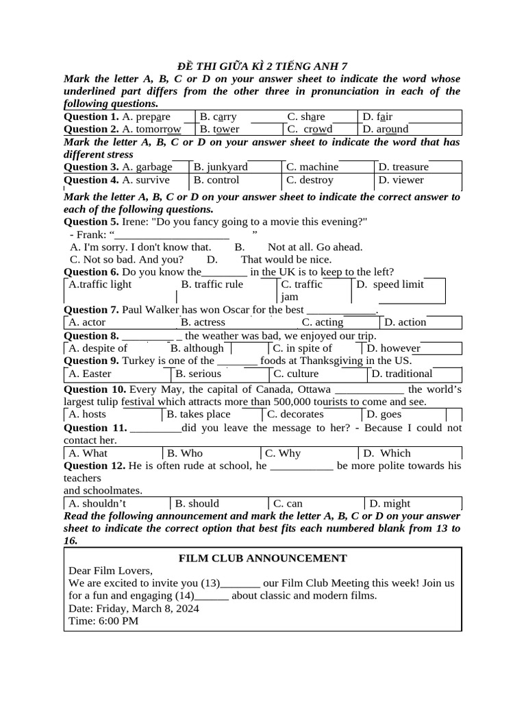 Đề Thi Giữa Kỳ Tiếng Anh 7 | PDF | Carnival | Traffic Congestion