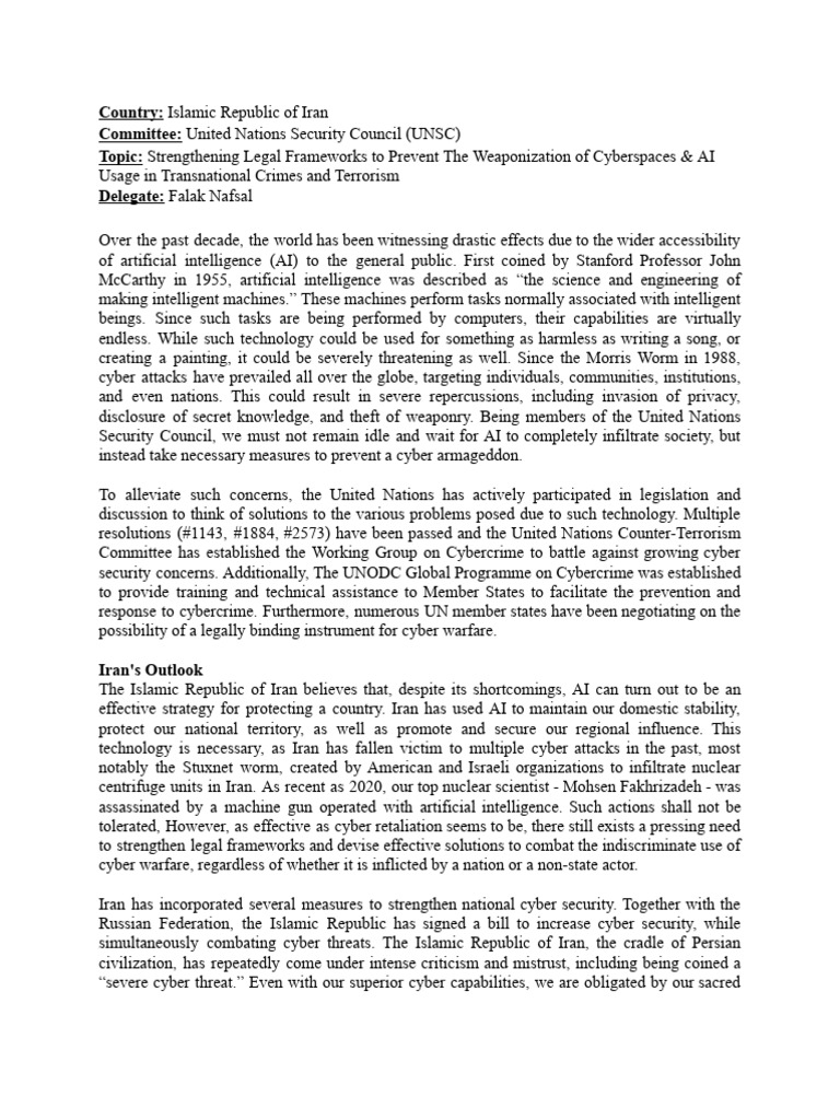 Sample Position Paper - UNSC - Iran - Cyber Militarization | PDF ...