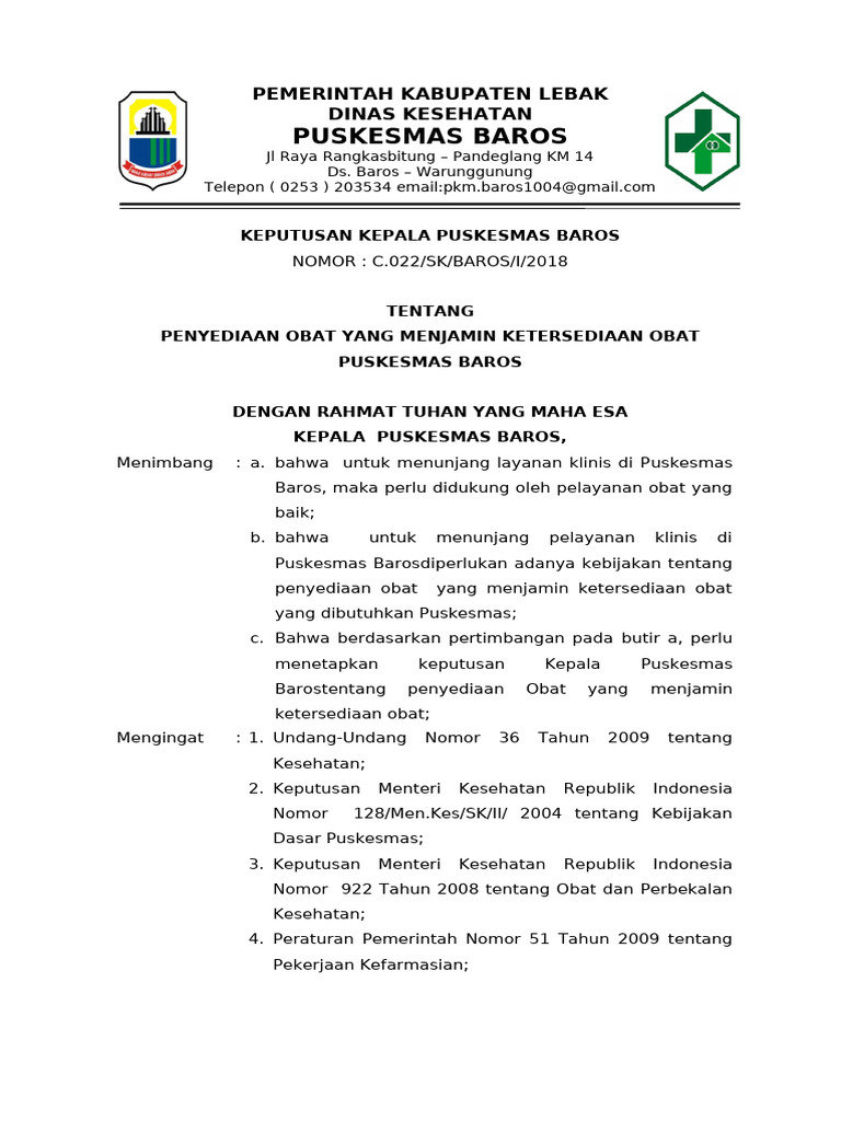 sk tentang penyediaan obat yang menjamin ketersediaan obat | PDF