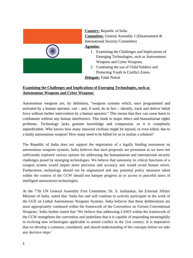 GA1 Position Paper - India - Child Soldiers- Autknomous Weapons | PDF ...