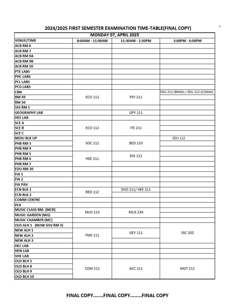 2024-2025 First Semester Exam Timetable@ PDF Ben. (Final Copy)... | PDF