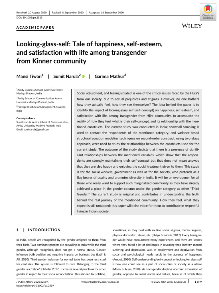 Looking-Glass-Self Tale of Happiness, Self-Esteem, and Satisfaction ...