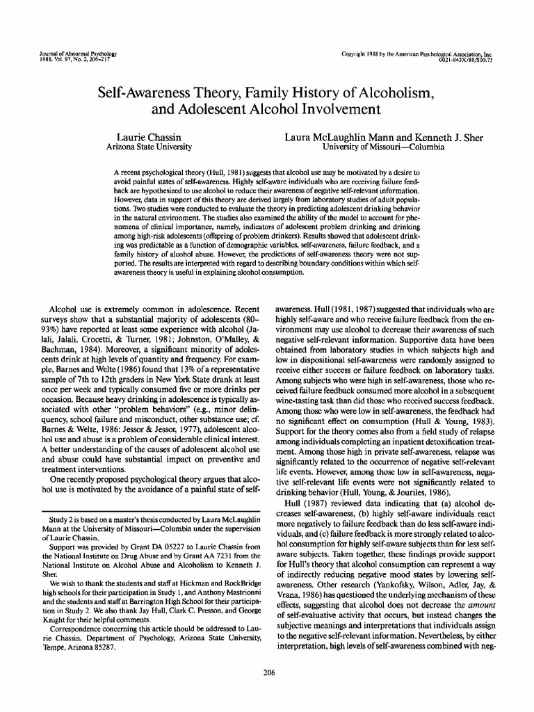 Self-awareness theory, family history of alcoholism, and adolescent ...