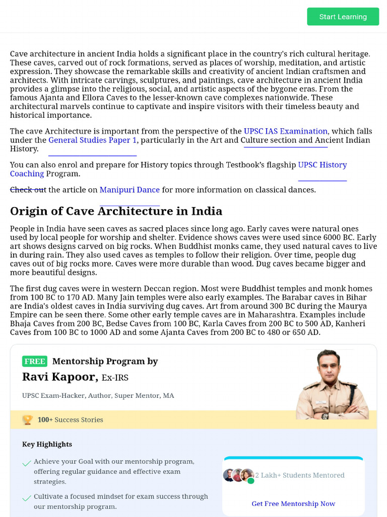 Cave Architecture in India - Origin, Types & List of Major Caves | PDF