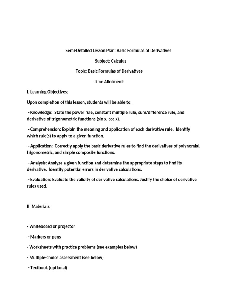 Semi Detailed Lesson Plan Calcu | PDF | Derivative | Trigonometric ...