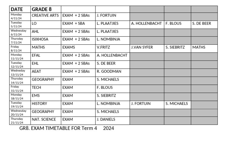 Grade 8 Term 4 Exam Timetable 2024 | PDF