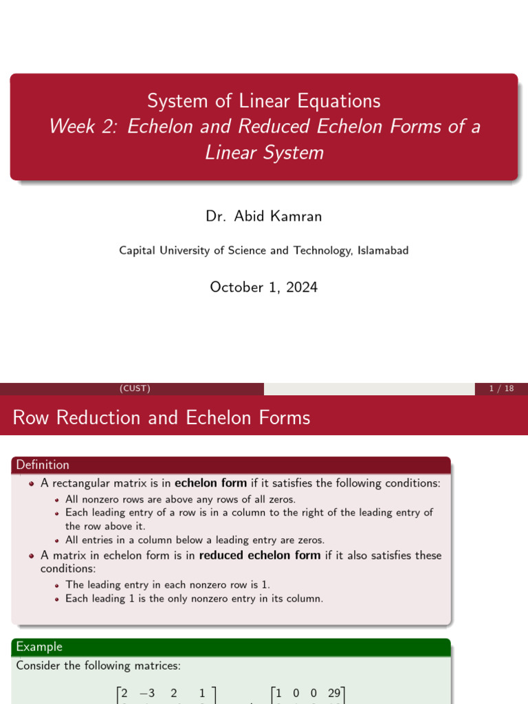Week 2 Linear Algebra Echelon Forms | PDF | Matrix (Mathematics ...