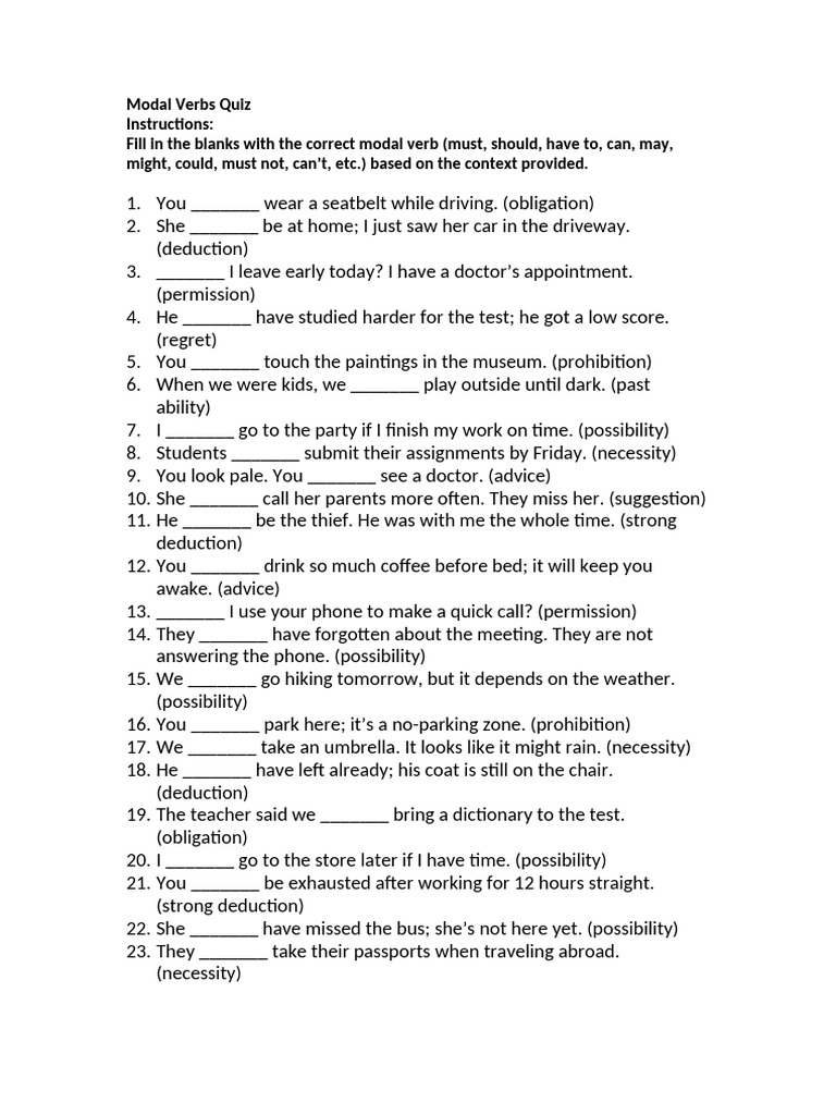 Modal Verbs Quiz | PDF