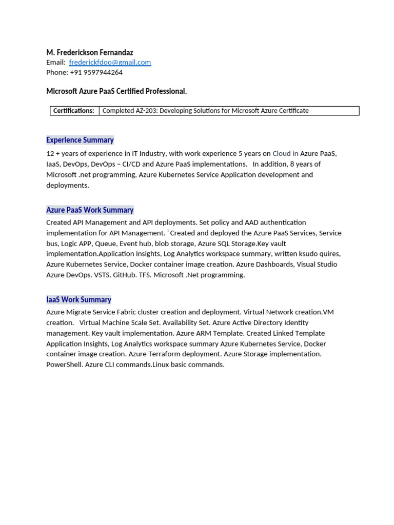 Fred Azure Architect Resume | PDF | Microsoft Azure | Computer Engineering