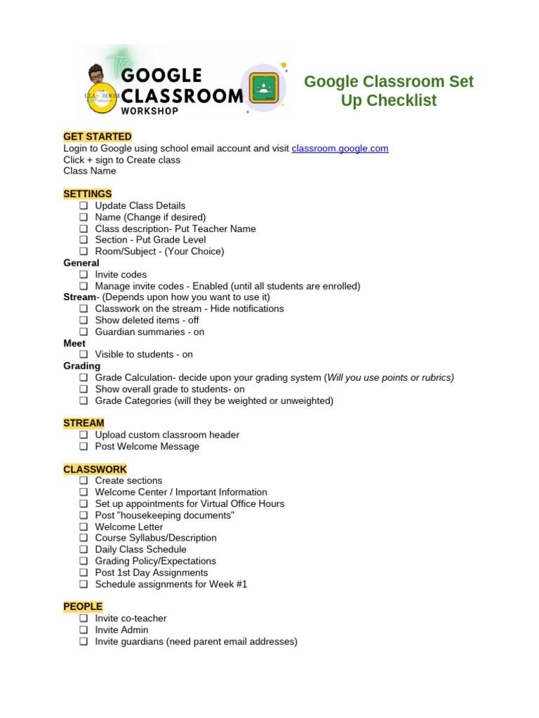 Google Classroom Set Up Checklist | PDF