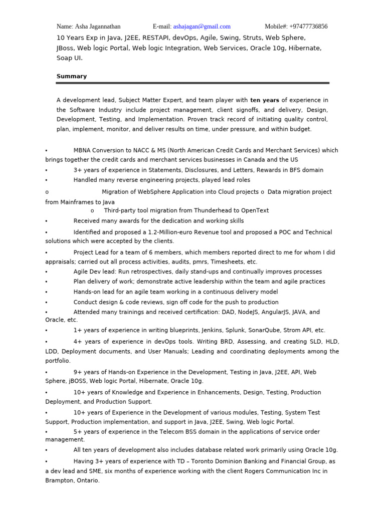 Asha - Jagannathan CV - August 24, 2020 | PDF | Databases | Java ...